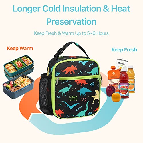 Bagseri Kids Lunch Box, Insulated Lunch Box Bag for Boys, Portable Reusable Toddler Lunch Cooler Bag for School, Water-resistant Lining(Black & Dinosaur)