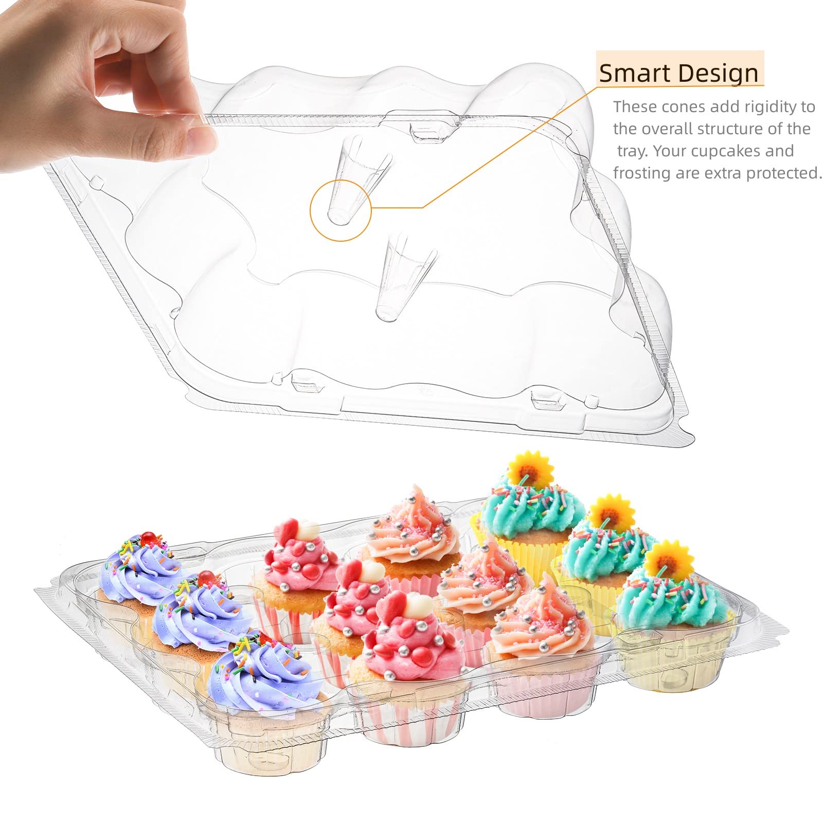 AVLA 24 Pack Mini Cupcake Containers, 12-Count Plastic Cupcake Carrier, Stackable Cupcake Box with Detachable Secure High Top Lid, Disposable Cupcake Holder Tray, Muffin Packaging Transporter To Go