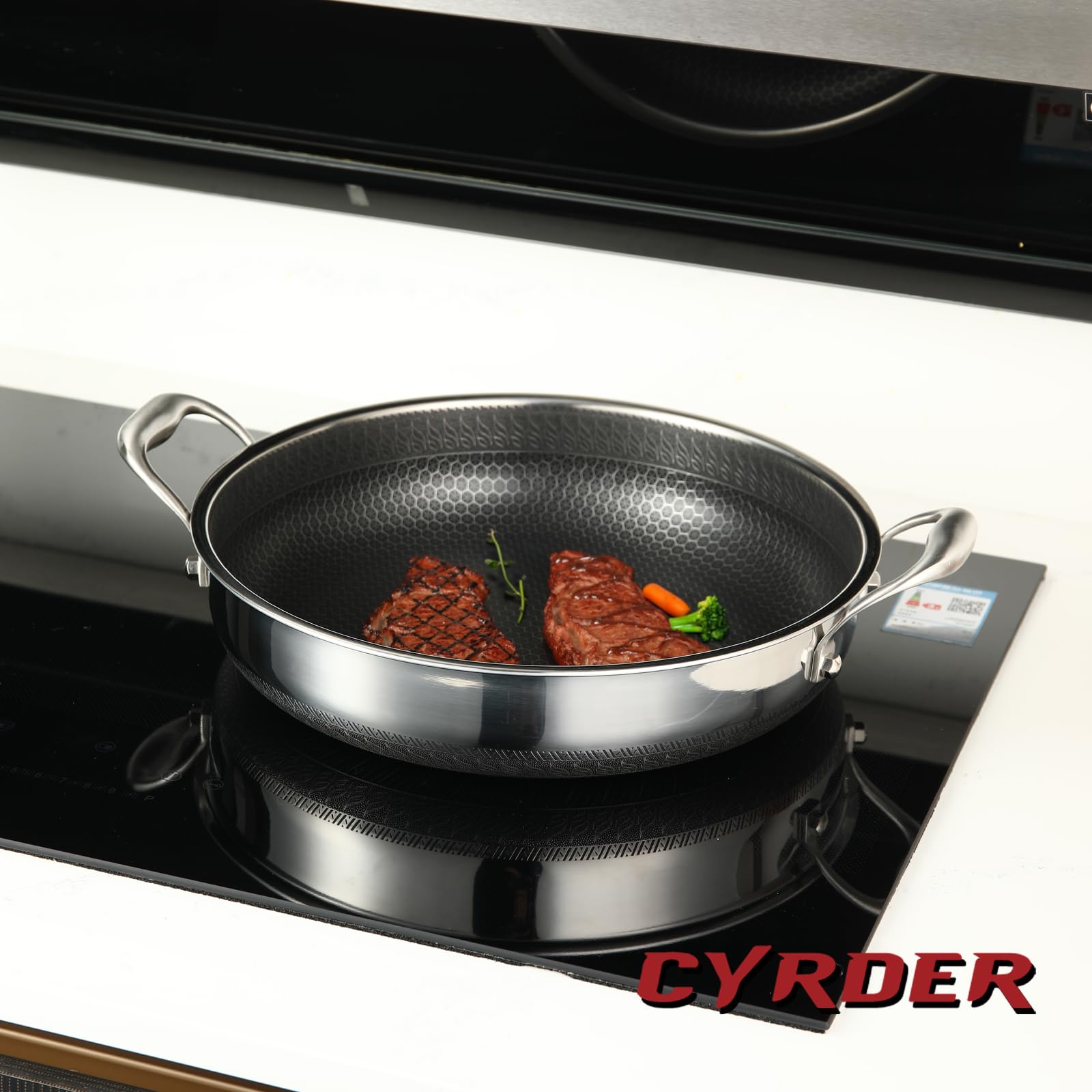 Cyrder Hybird Nonstick Deep Frying Pan-13.5inch 316L Stainless Steel Sauté Pan and Lid
