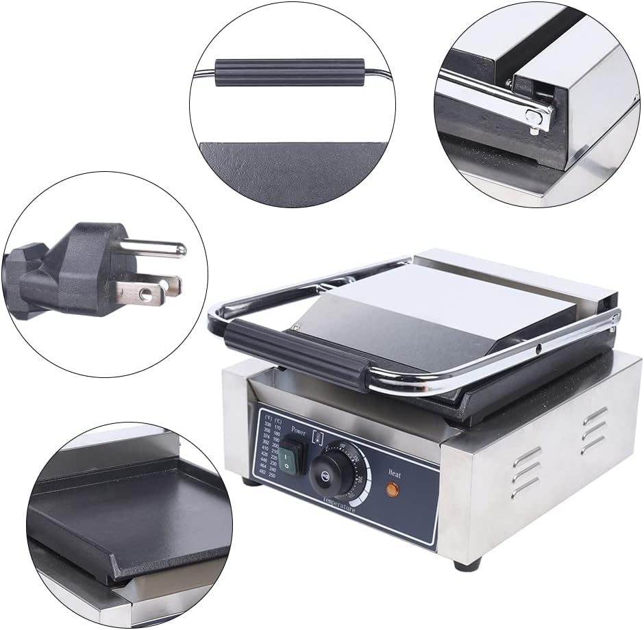 Commercial Electric Griddle 110V Sandwich Single Panini Press Grill Maker Toaster, Smooth Flat Surface Sandwich Maker with Cleaning Sponges,Portable Hamburg Maker for Restaurant Cafe,1800W