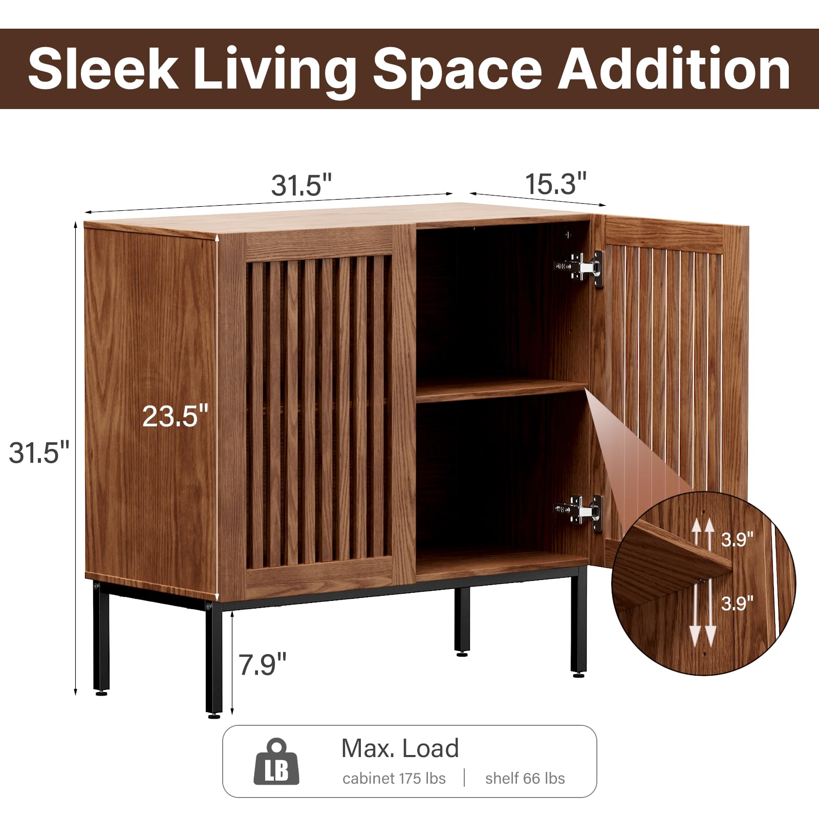 BVIUNTWO Storage Cabinet,31.5" Farmhouse Buffet Cabinet with Metal Base and Adjustable Shelf,Sideboard Coffee Bar Cabinet with 2 Doors for Kitchen,Dining Room,Living Room,Brown