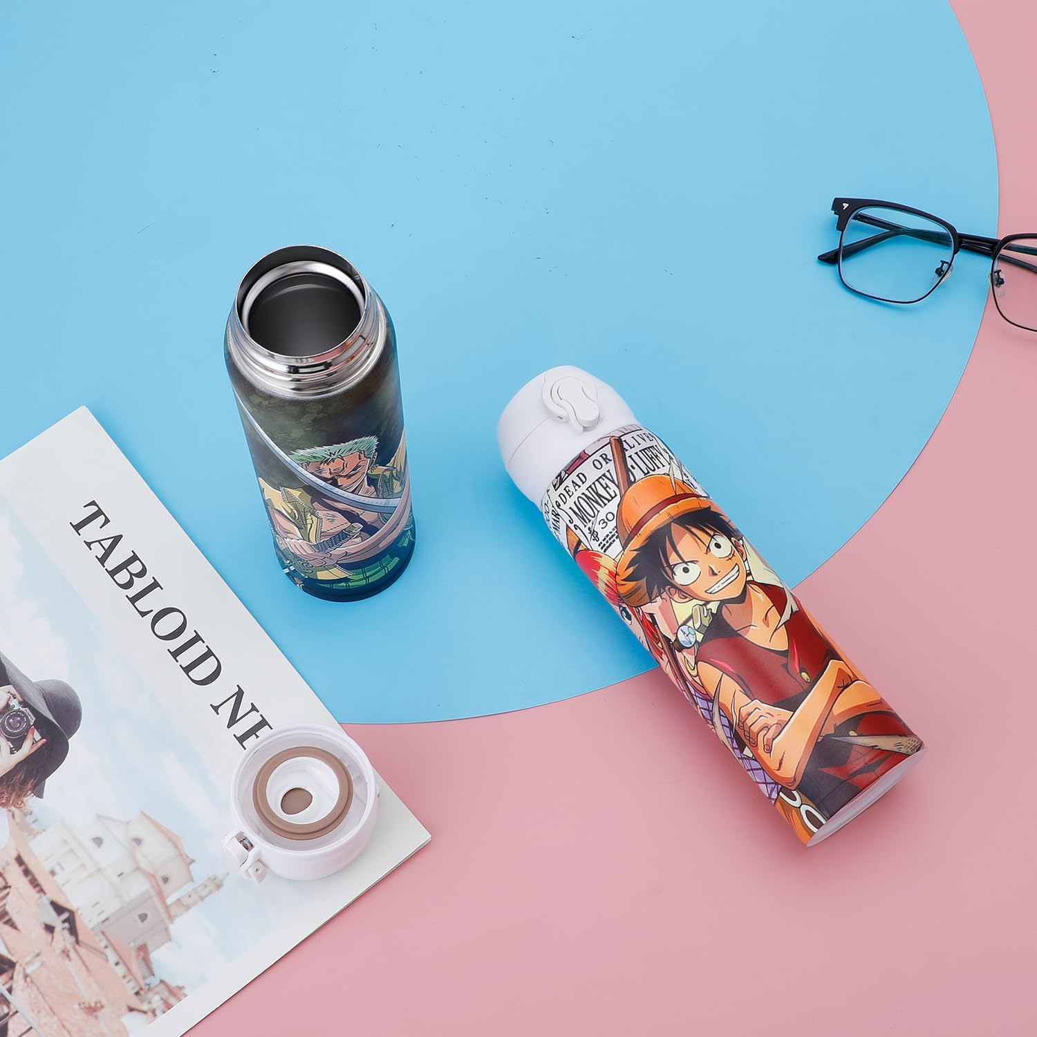 CNEISEJK Anime Piece Water Bottle, 16.9oz Vacuum Insulated Luffy Zoro Stainless Steel Cup Thermoses with Locking Cover Leak-Proof Design, 500ML, Orange