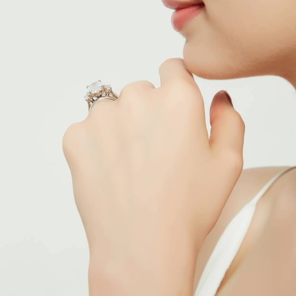 BERRICLE Sterling Silver 3-Stone Wedding Engagement Rings Oval Cut Cubic Zirconia CZ Ring Set for Women, Rhodium Plated Size 6