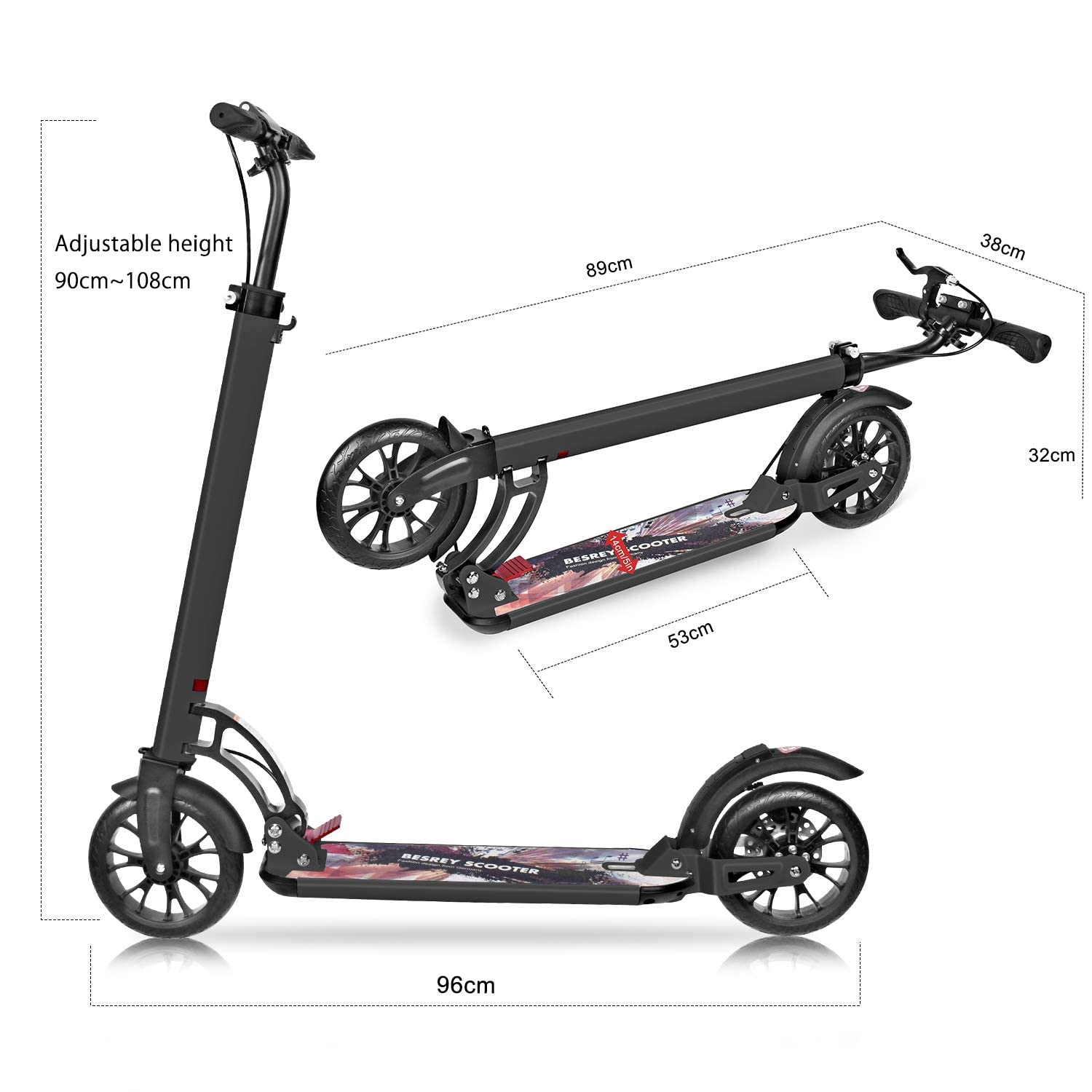 besrey Kick Scooter for Adults for 8 Years and Up - 2 Wheel Folding Scooter with Shoulder Strap for Kids Teens - Lightweight, Aluminum Frame, Adjustable Handlebars, Scooters for Riders Up to 220 lbs