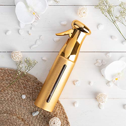 Salon Style Hair Spray Bottle (10oz) Patent β 360 Ultra Fine Water - Continuous Aerosol Free Trigger Mist Sprayer Bottle by Beautify Beauties (Gold)