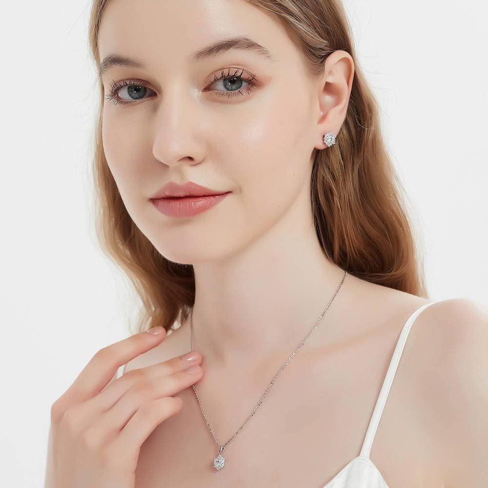 BERRICLE Sterling Silver Flower Cubic Zirconia CZ Halo Anniversary Stud Earrings for Women, Rhodium Plated