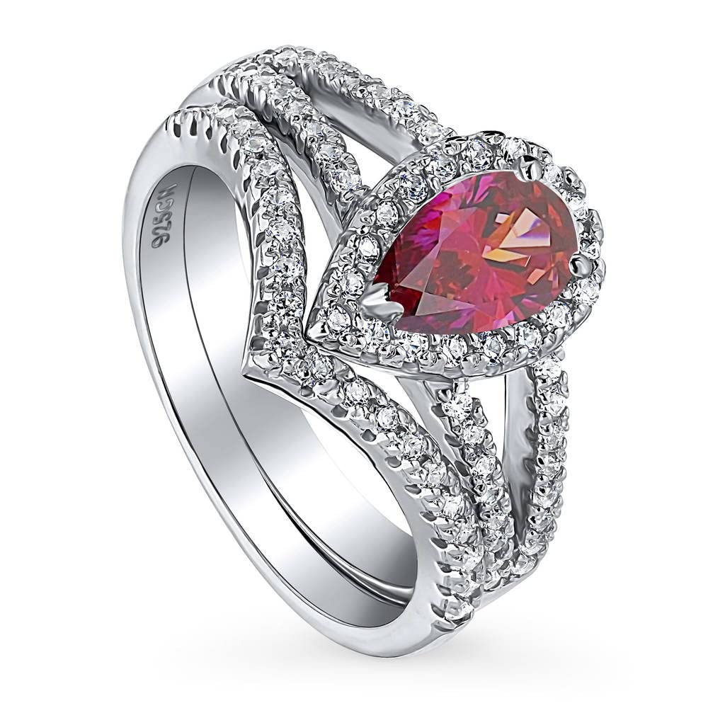 BERRICLE Sterling Silver Halo Wedding Engagement Rings Red Pear Cut Cubic Zirconia CZ Split Shank Ring Set for Women, Rhodium Plated Size 4