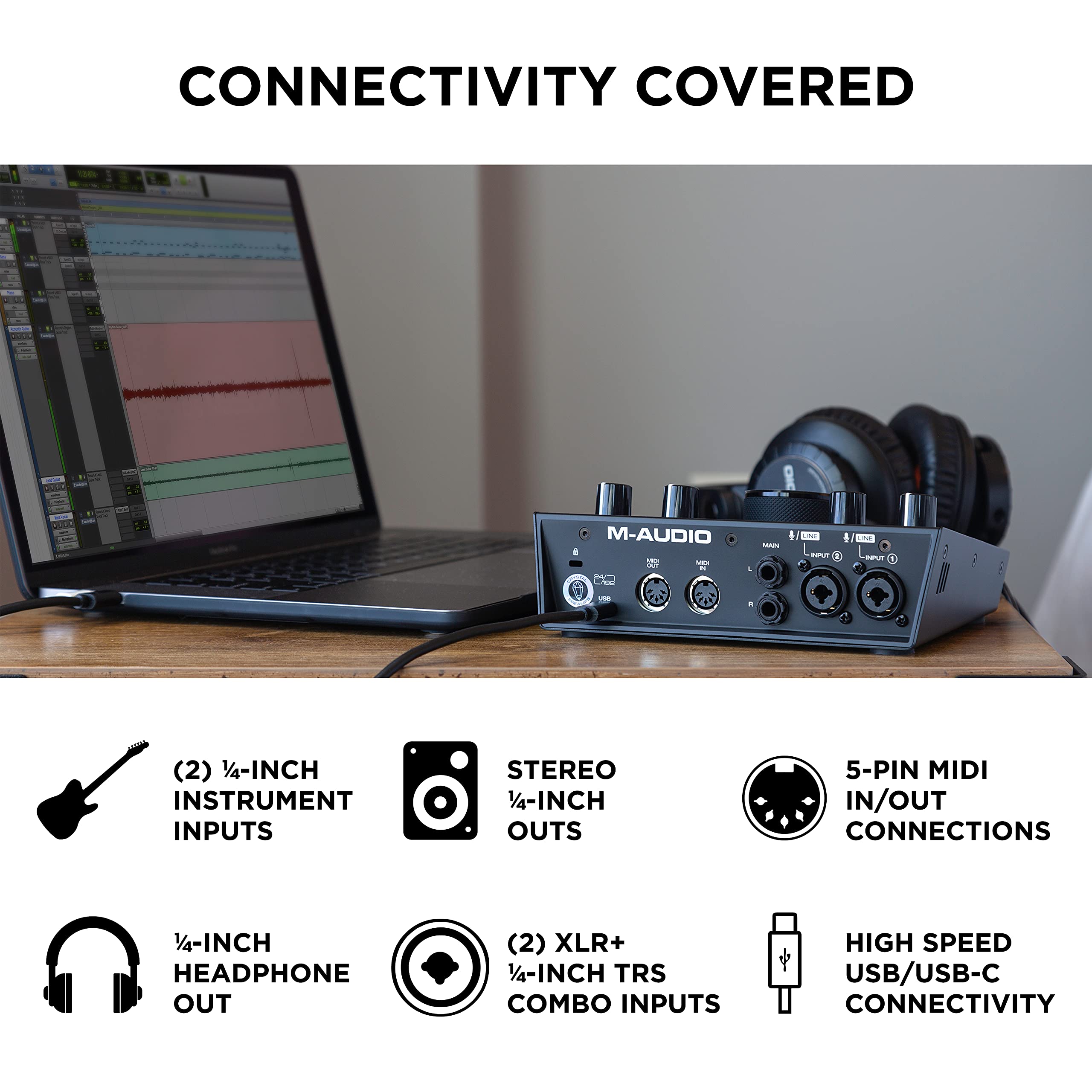 M-Audio AIR 192x6 USB C MIDI Audio Interface for Recording, Podcasting, Streaming, Studio Quality Sound, 2 XLR in and Music Production Software (Renewed)