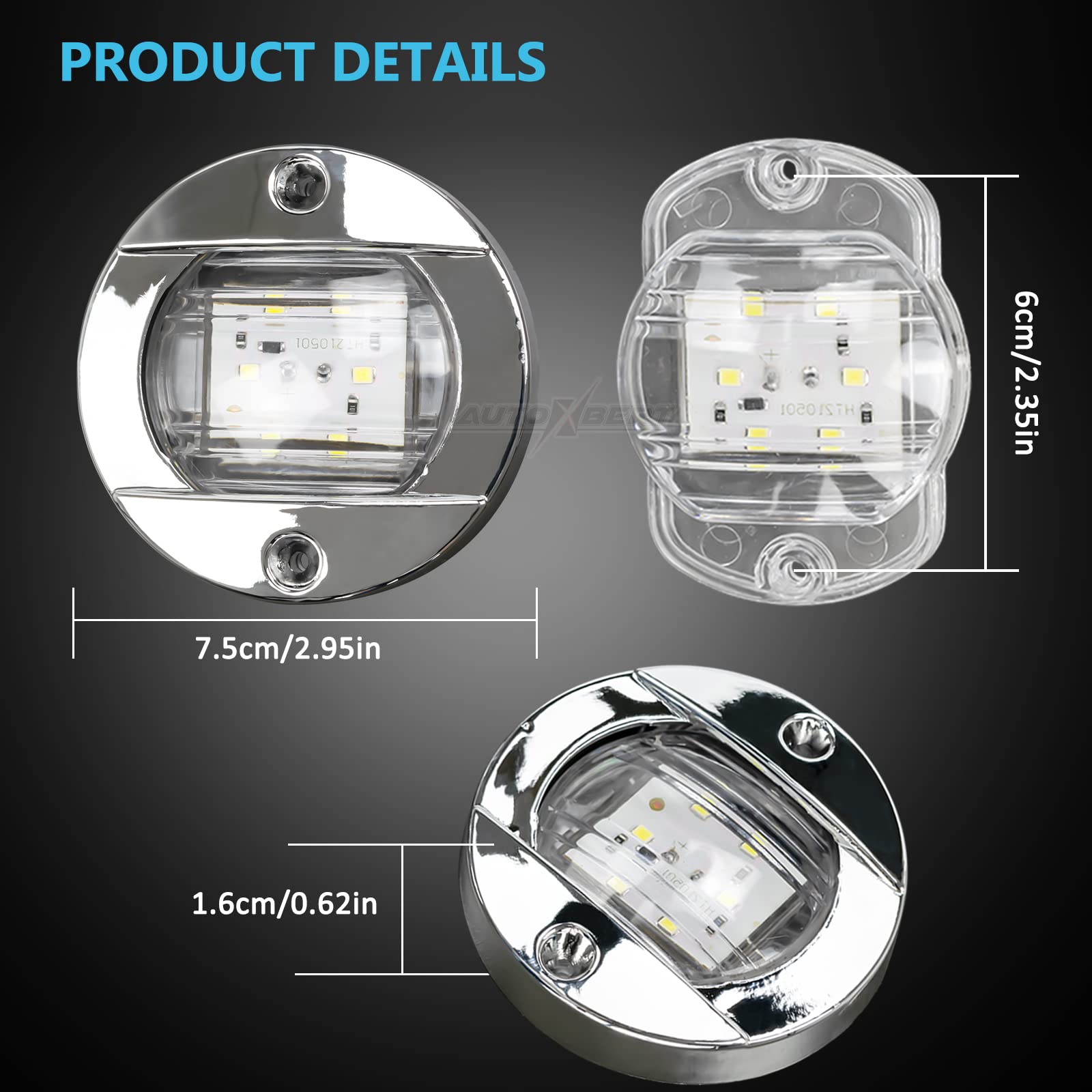 AUTOXBERT 4Pcs 3" White LED Boat Courtesy Lights, 12V Round Marine Waterproof Led Deck Light, 6 LEDs Night Fishing Pontoon Lights, Marine Led Lights for Boats, Surface Mount