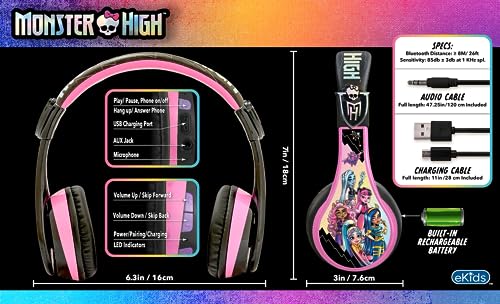 eKids Monster High Bluetooth Headphones for Kids, Wireless Headphones with Microphone Includes Aux Cord, Volume Reduced Kids Foldable Headphones for School, Home, or Travel