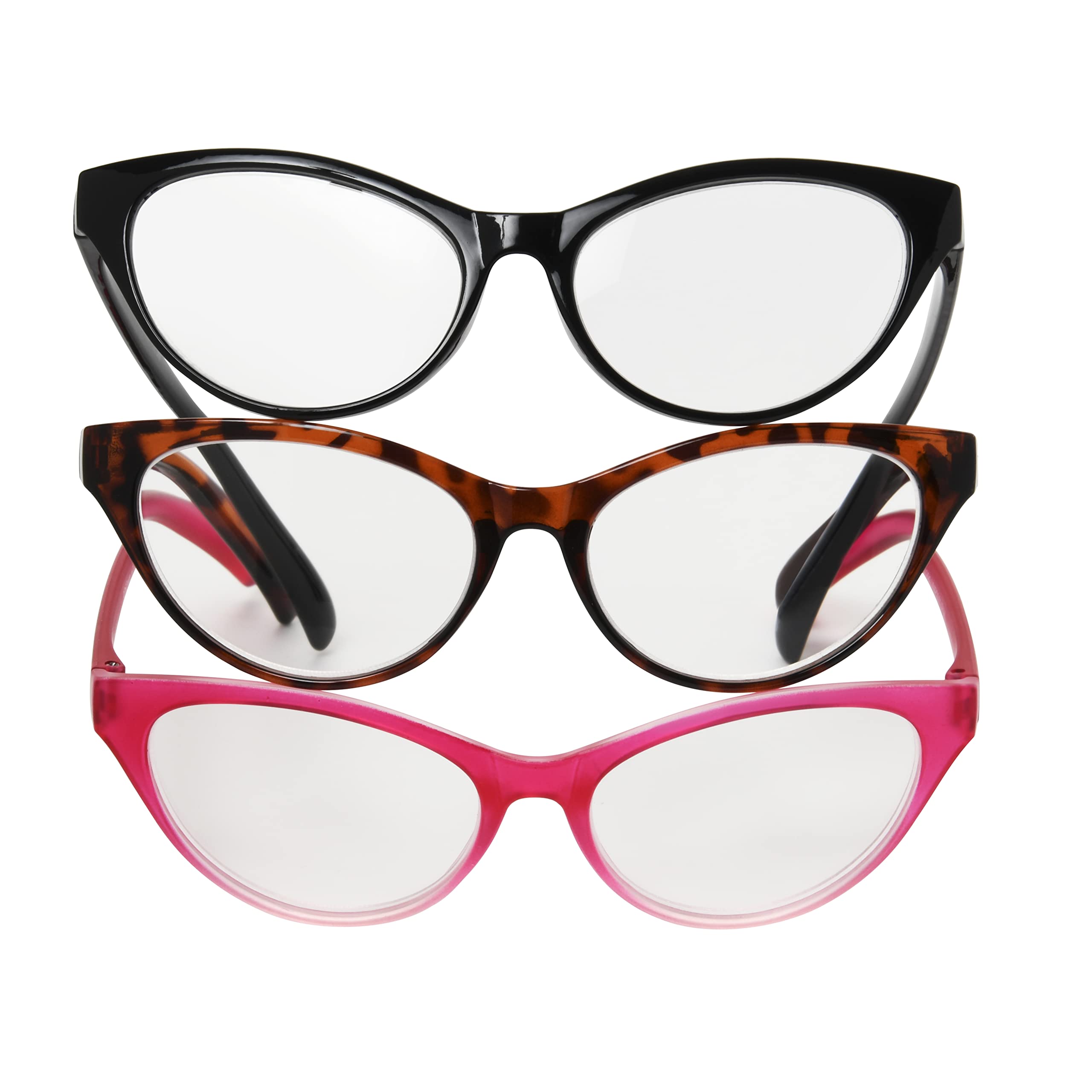 Betsey Johnson Women's Fairisle 3 Pack Reading Glasses Cat eye, Black, Tortoise, Pink Gradient, 2.5X + 2.5