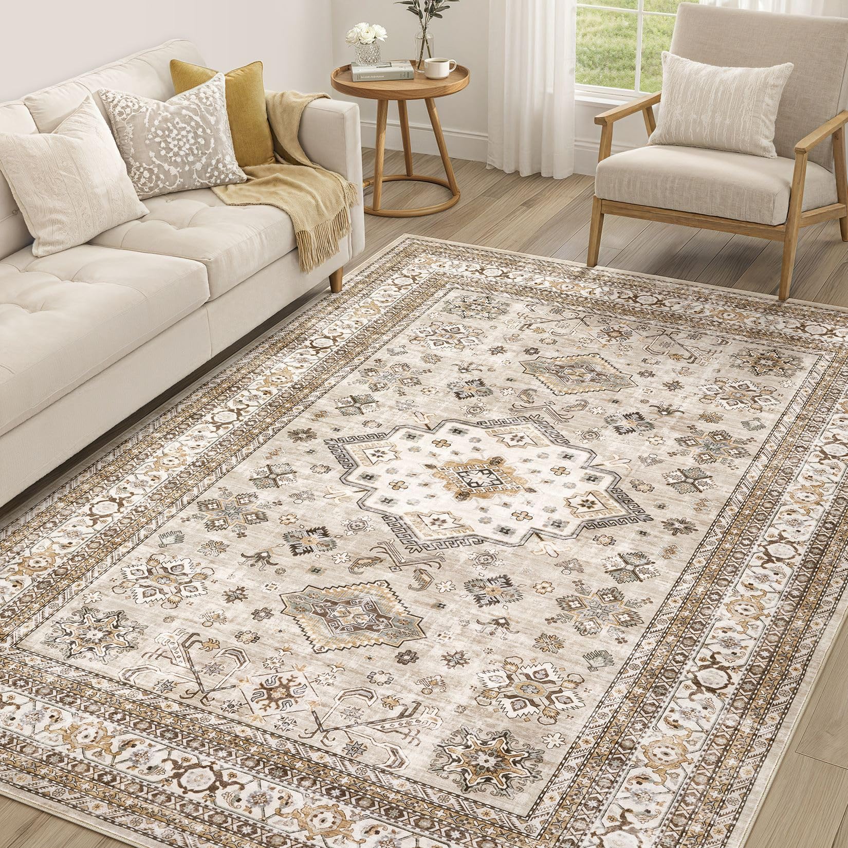 Vintage Living Room Area Rug 5x7 - Large Soft Washable Oriental Traditional Distressed Farmhouse Rugs for Bedroom - Indoor Floor Accent Carpet for Home Office House Decor - Beige