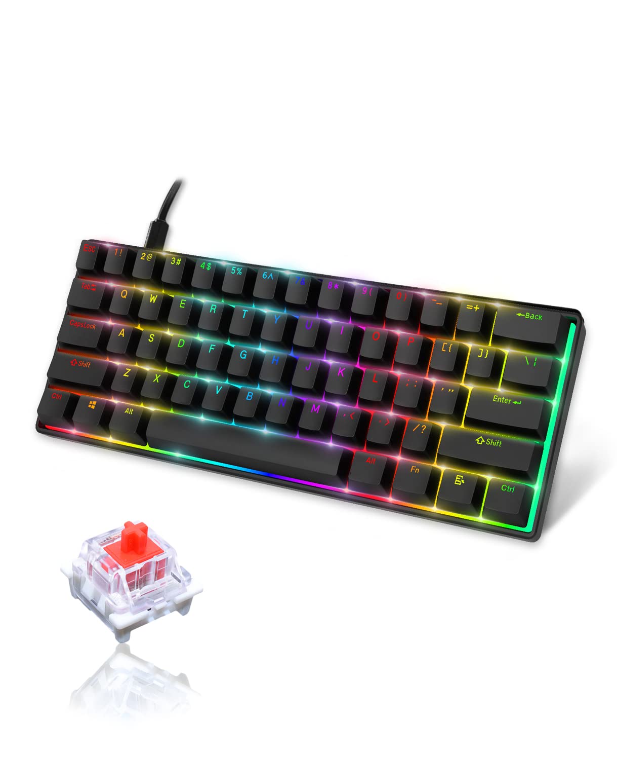VIMUKUN 60% Mechanical Gaming Keyboard,RGB Backlit Wired Ultra-Compact Mini Keyboard, Waterproof 61 Keys Keyboard with Red Switch for Windows Laptop/PC/Mac