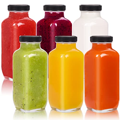 Moretoes 6 Pack 16oz Glass Juice Bottles with Lids Reusable Glass Square Beverages Drinking Jars with Tamper-proof Black Caps for Travel Milk Water Tea Honey Kombucha Smoothie Boba
