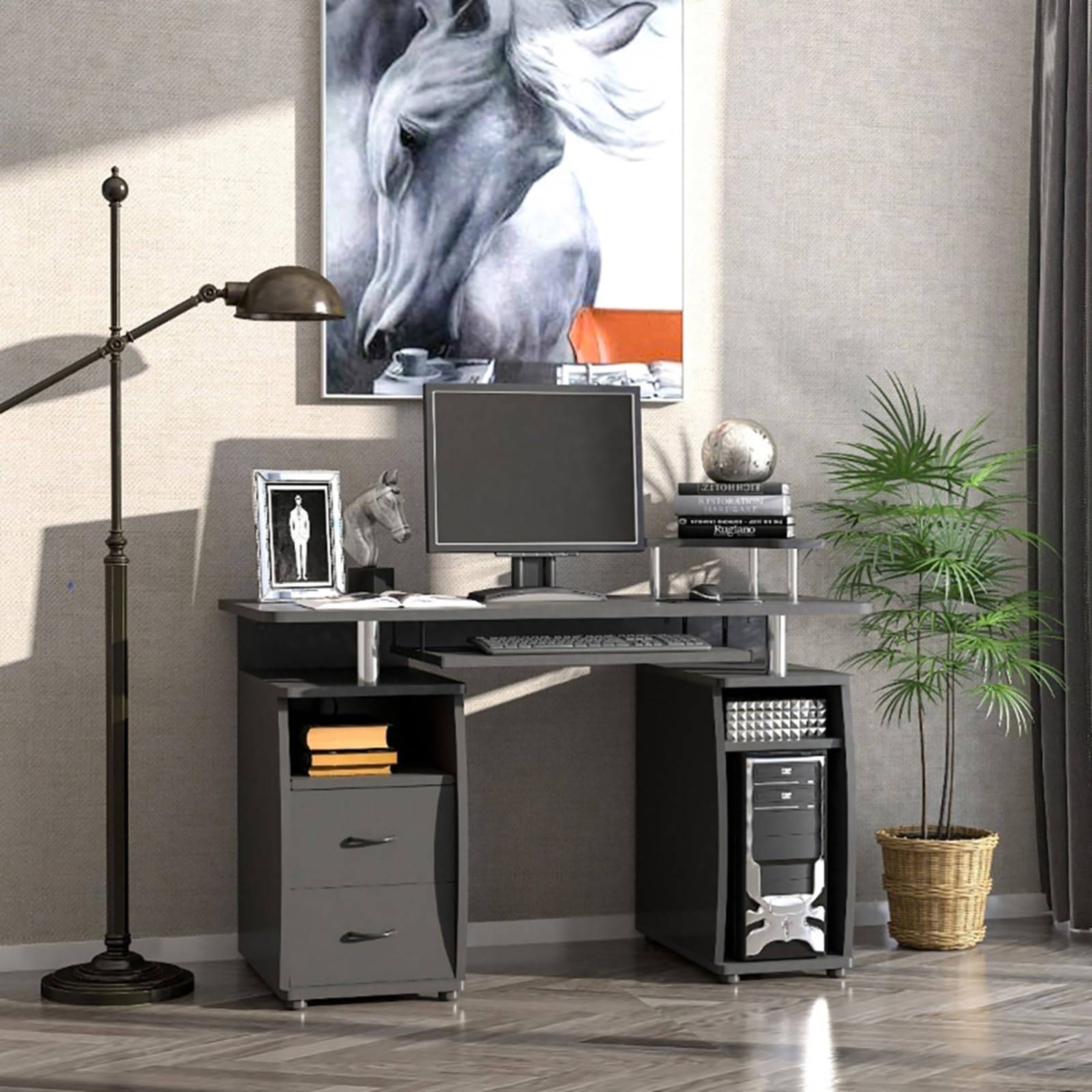 BIVVI 47.25" Computer Desk with Keyboard Tray,Gaming Desk Office Desk File Cabinet w/CPU Stand & Elevated Printer Rack,Industrial Work Desk PC Table Study Desk Organizer for Home Office Bedroom,Black