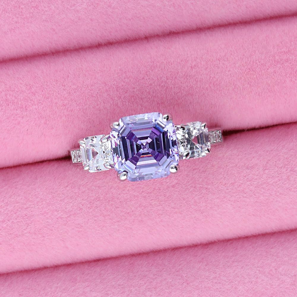BERRICLE Sterling Silver 3-Stone Wedding Engagement Rings Purple Asscher Cut Cubic Zirconia CZ Statement Cocktail Anniversary Ring for Women, Rhodium Plated Size 4