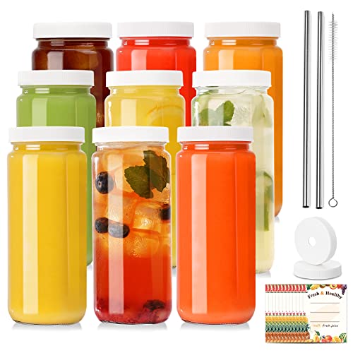 Moretoes 9 Pack 16oz Glass Juice Bottles with Lids Reusable Glass Beverages Drinking Jars with Tamper-proof White Caps for Travel Milk Water Tea Honey Kombucha Smoothie Boba