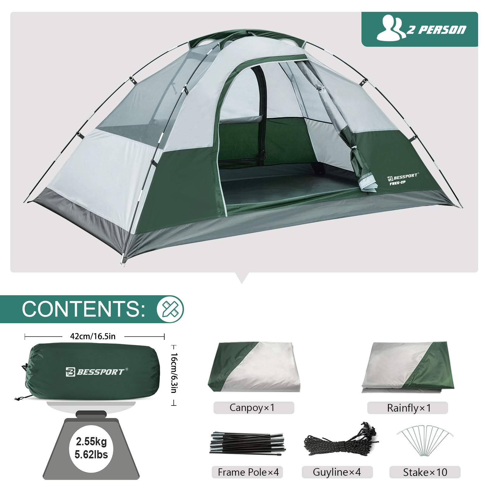 Bessport Camping Tent 2 Person Backpacking Tent Waterproof Lightweight Easy Setup Tent with Two Doors for Outdoor, Hiking Mountaineering Travel