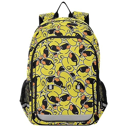 JHKKU Yellow Rubber Duck with Sunglasses School Backpack for Boys Girls Portable Wide Shoulder Strap Elementary School Bag Lightweight Travel Daypack with Reflective Strip