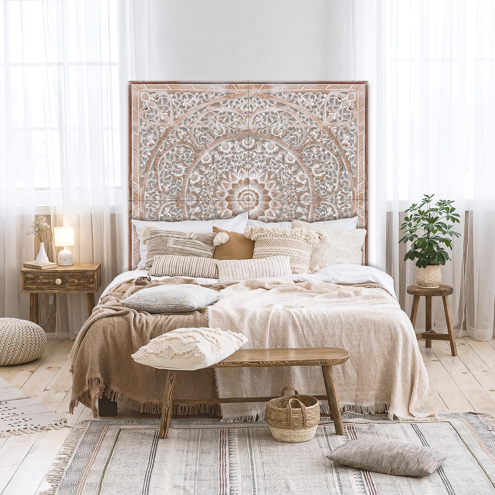 King Wood Headboard Rustic | Carved Full Headboard Only | Wooden Headboard Full Size Bed | Wall Mount Headboard King | Full Bed Headboard Panels (Manusa Antic, Cal King)