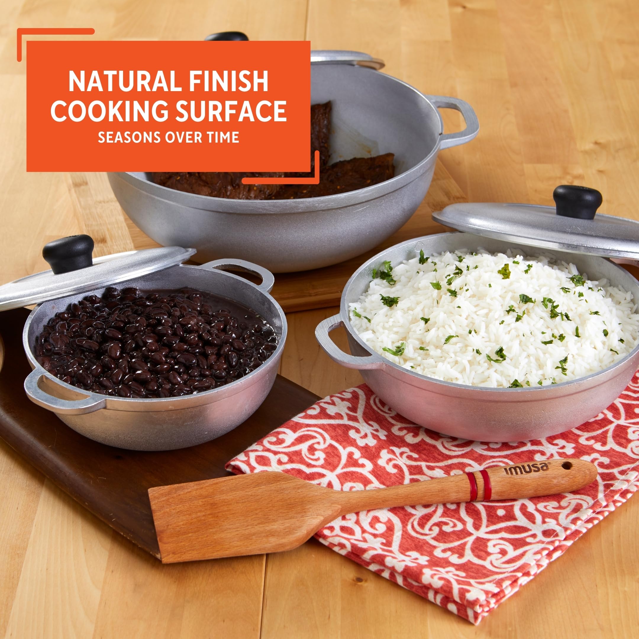 IMUSA USA Traditional Colombian Natural Caldero Matching Aluminum Lid 3-Piece (3.5/7.0/11.0 Quart) Dutch Oven Set, Silver (GAU-89224DS), Large