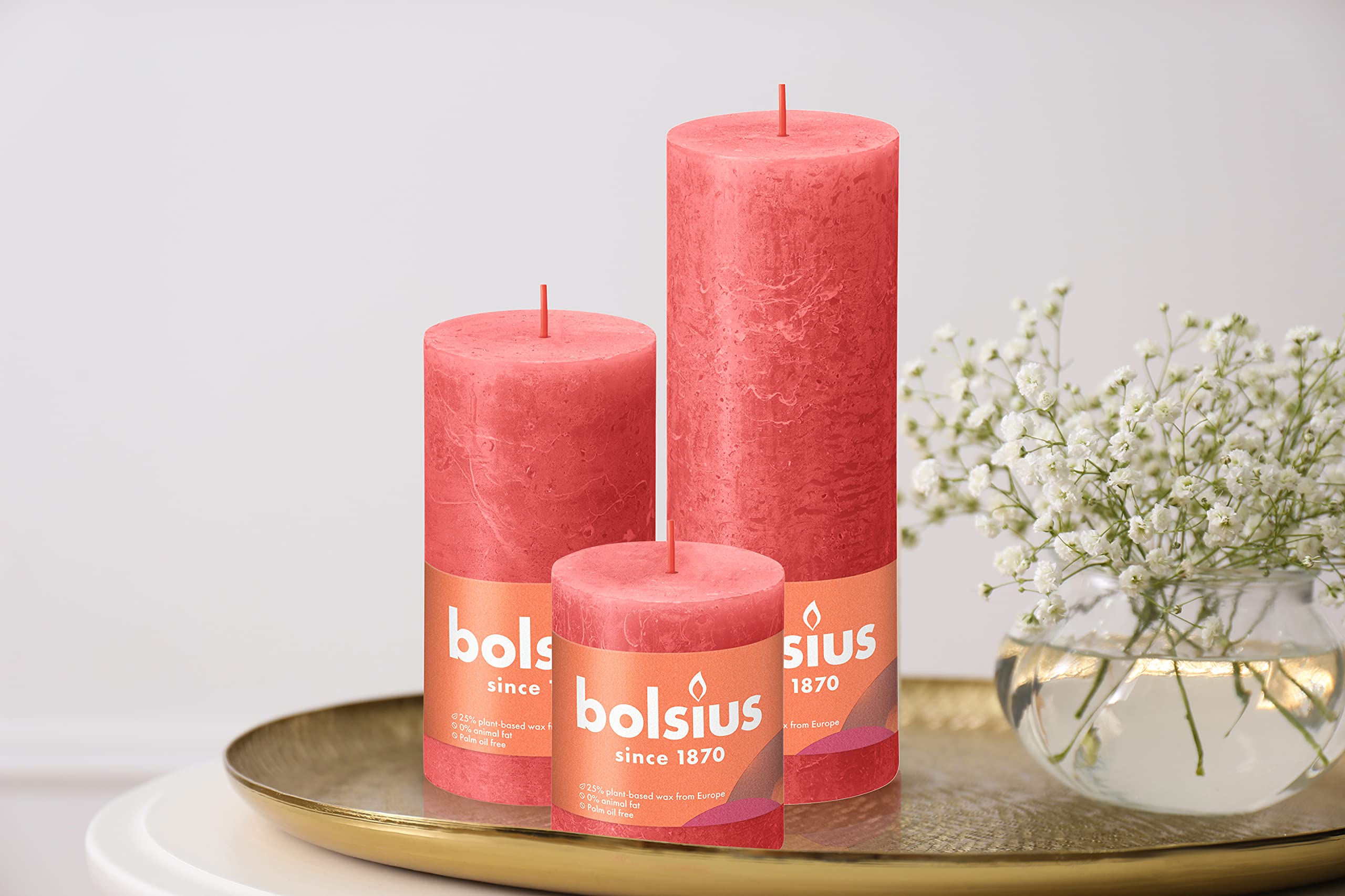 BOLSIUS 4 Pack Blossom Pink Rustic Pillar Candles - 2.75 X 5 Inches - Premium European Quality - includes Natural Plant-Based Wax - Unscented Dripless Smokeless 60 Hour Party Décor Candles