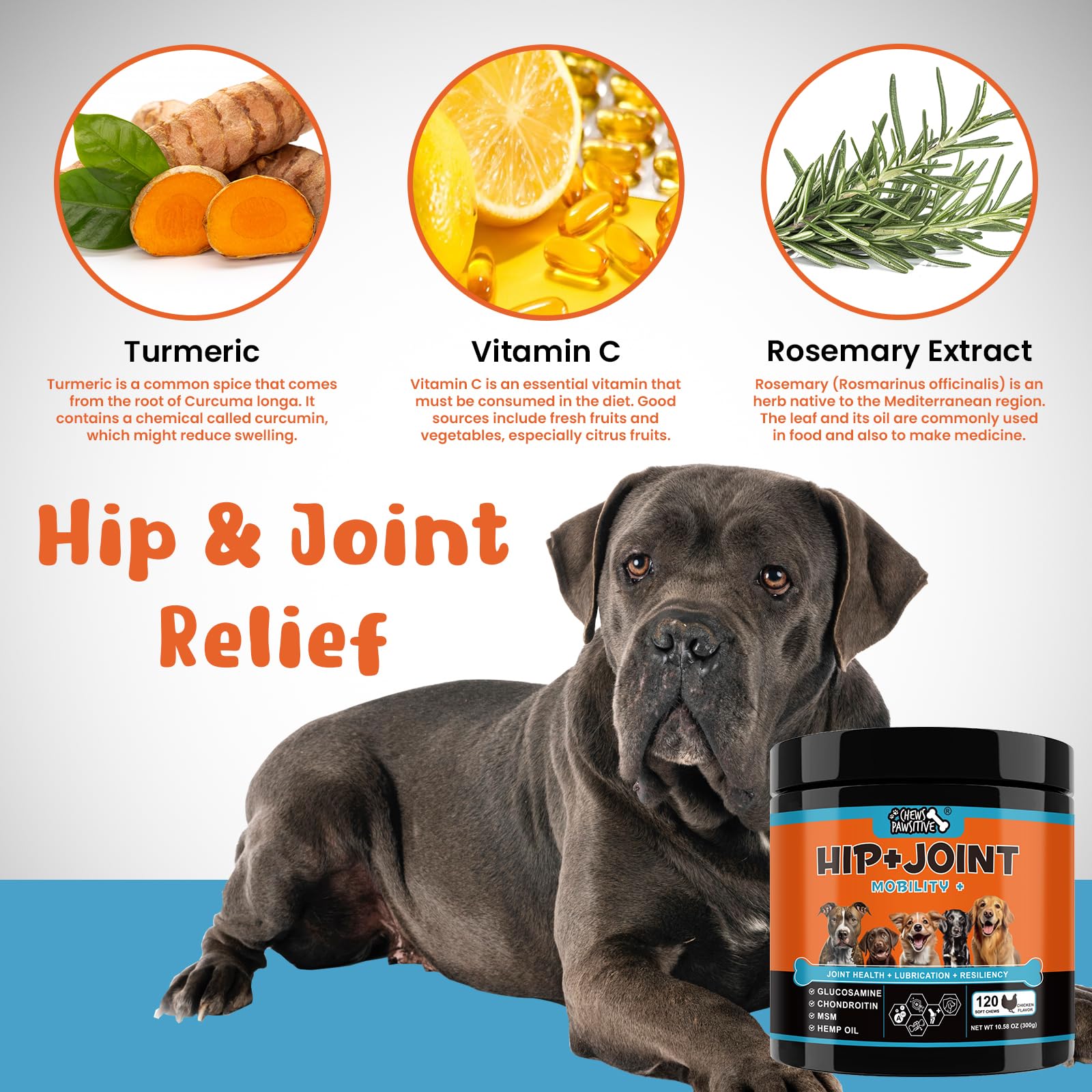 Chews Pawsitive Hip and Joint Supplement for Dogs- Mobility, Hip and Joint Chews for Dogs with Glucosamine, Chondroitin, MSM, Tumeric, Hemp Oil- Soft Chews Joint Support Supplement for Dogs- 120ct