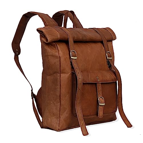 Gbag (T) Leather Vintage Roll On Laptop Backpack Rucksack Travel Bag Best Rucksack for Work Brown Leather Roll Top Backpack Laptop Bag for Men and Women