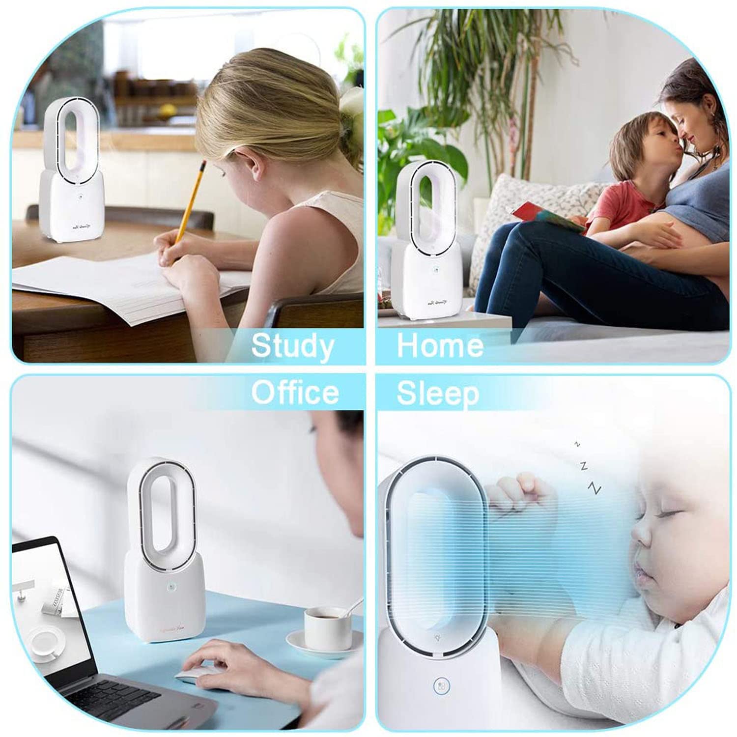 let'me Desk Fan, Small Bladeless Fan Quiet Table Fan, 11.8in Battery Operated Personal Desktop Fan with 5-Colors Lights, Touch Control, Rechargeable Breeze Fan for Bedroom, Office, Home