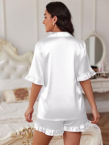 Ekouaer Pajama Sets for Women Soft Satin Sleeping Wear Summer Silky Short Sleeve Pjs Two Piece Lounge Set White,Small