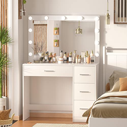Irontar Makeup Vanity Table, Makeup Table with Large Mirror and 11 LED Lights, Brightness Adjustable, Dressing Table Desk with 4 Drawers, Bedroom Vanity Desk for Girls, Women, White WDT002W