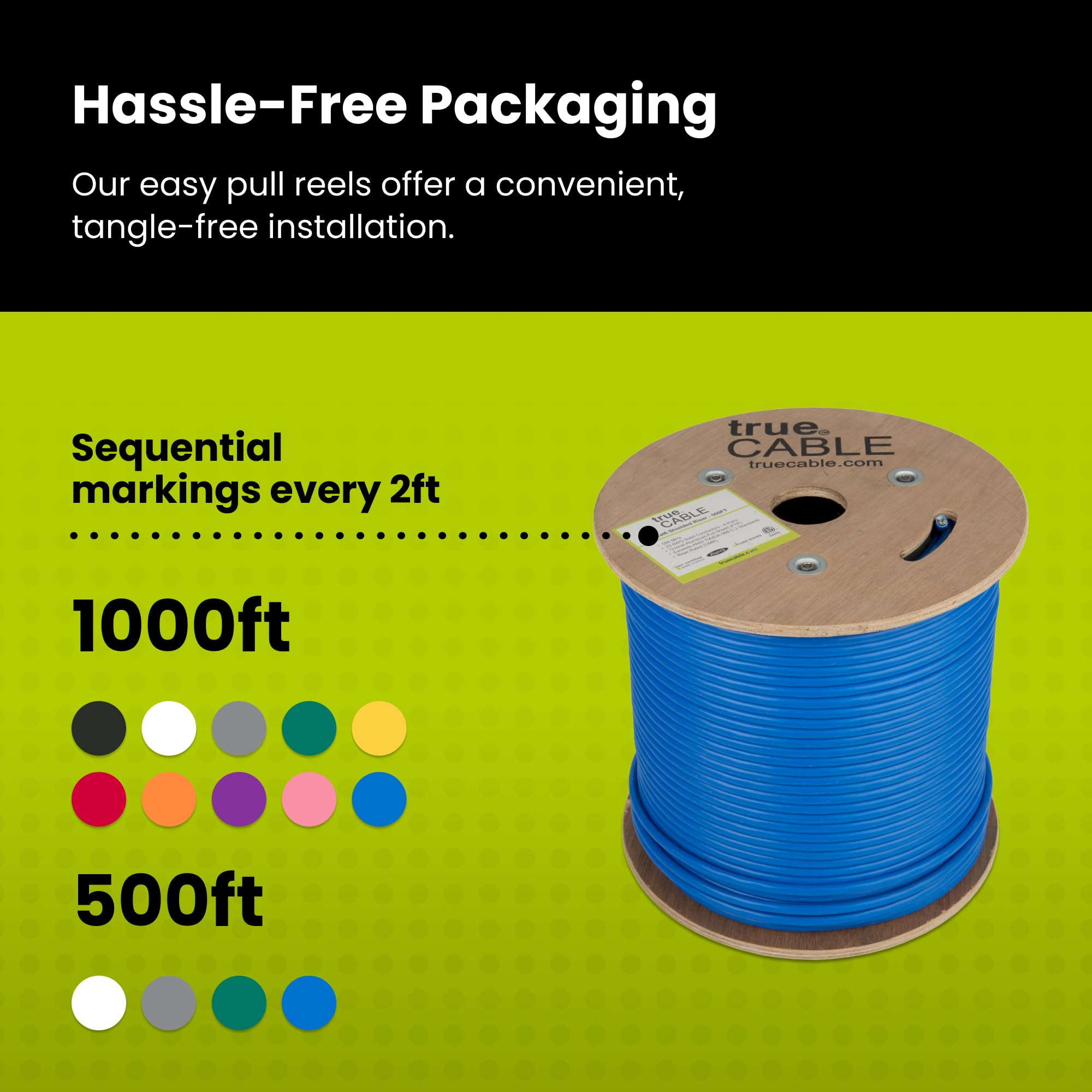 trueCABLE Cat6 Shielded Riser (CMR), 1000ft, Blue, 23AWG Solid Bare Copper, 550MHz, PoE++ (4PPoE), ETL Listed, Overall Aluminum Foil Shield (F/UTP), Bulk Ethernet Cable