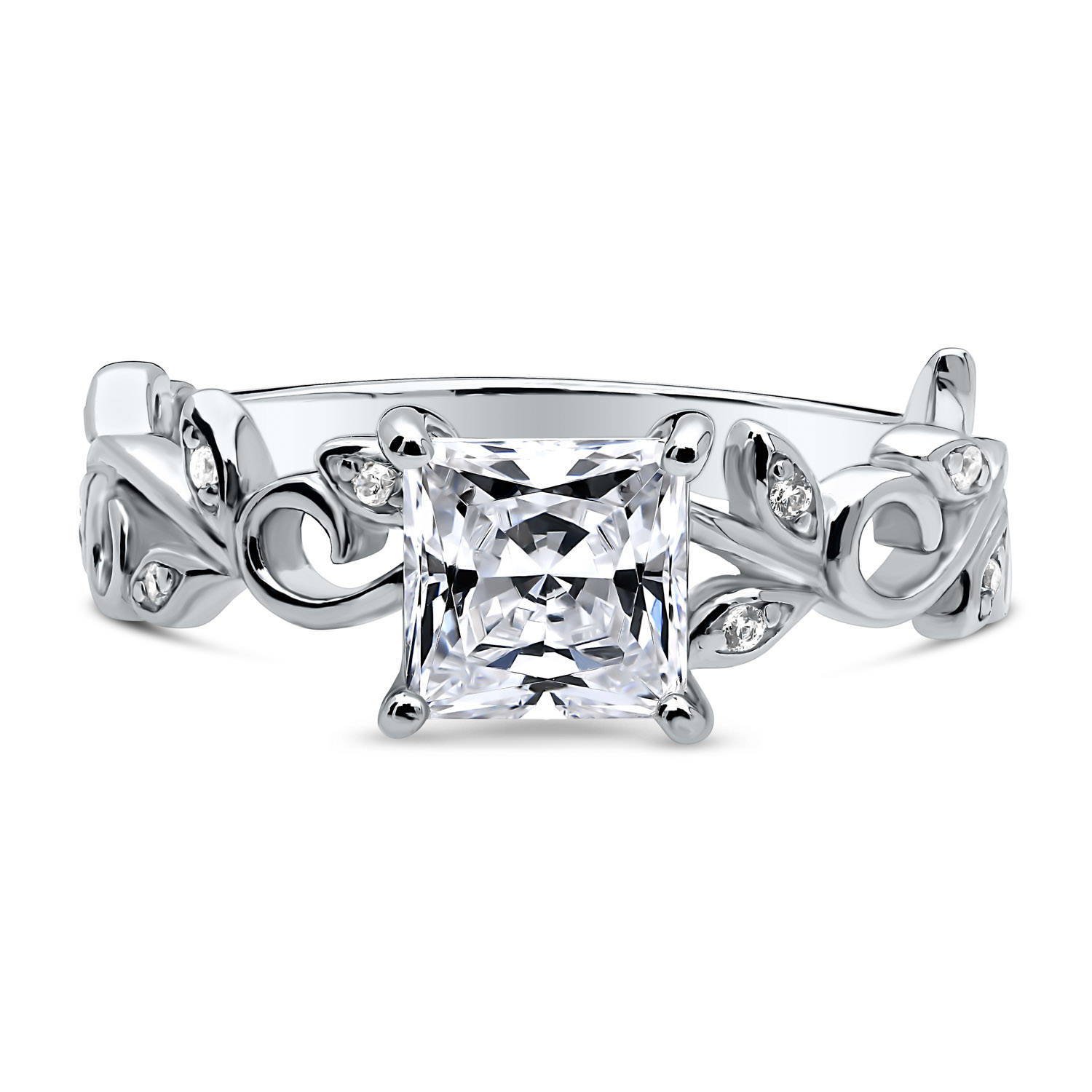 BERRICLE Sterling Silver Solitaire Wedding Engagement Rings 1.2 Carat Princess Cut Cubic Zirconia CZ Leaf Promise Ring for Women, Rhodium Plated Size 4.5