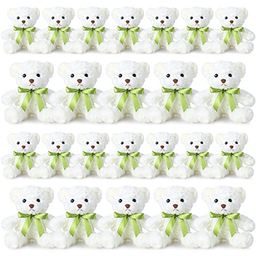 Hungdao 24 Pcs Bear Bulk Plush Stuffed Animals 10 Inch Cute Soft Stuffed Bear with Green Bow for Baby Shower Birthday Party Gift (White)
