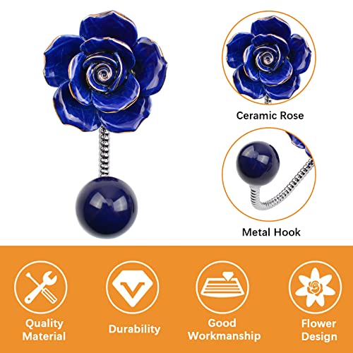 MOROBOR Dark Blue Gold Edge Rose Ceramic Wall Hanging Coat Hooks,2pcs 3D Rose Shape Chrome Decorative Robe Hooks Decorative Flower Wall Hanging Hooks for Hanging Scarves,Bags,Hats