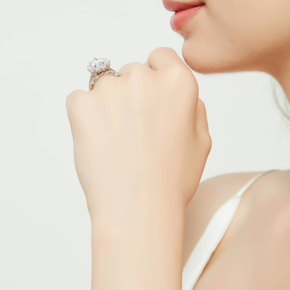 BERRICLE Sterling Silver Halo Wedding Engagement Rings Pear Cut Cubic Zirconia CZ Ring Set for Women, Rhodium Plated Size 8