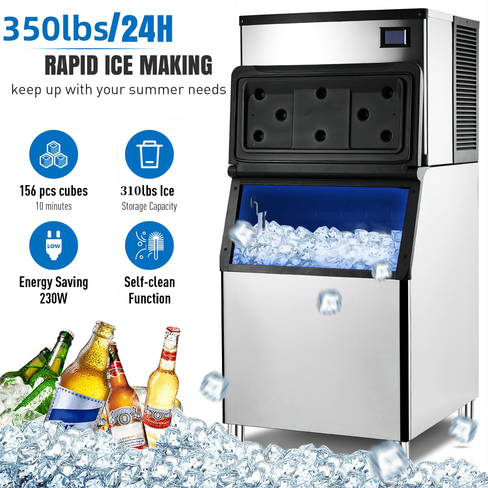Commercial Ice Maker Machine 350LBS/24H, 310LBS Large Storage Bin, 14x13 Ice Cube, Stainless Steel, for Restaurant/Bar/Businessā¦
