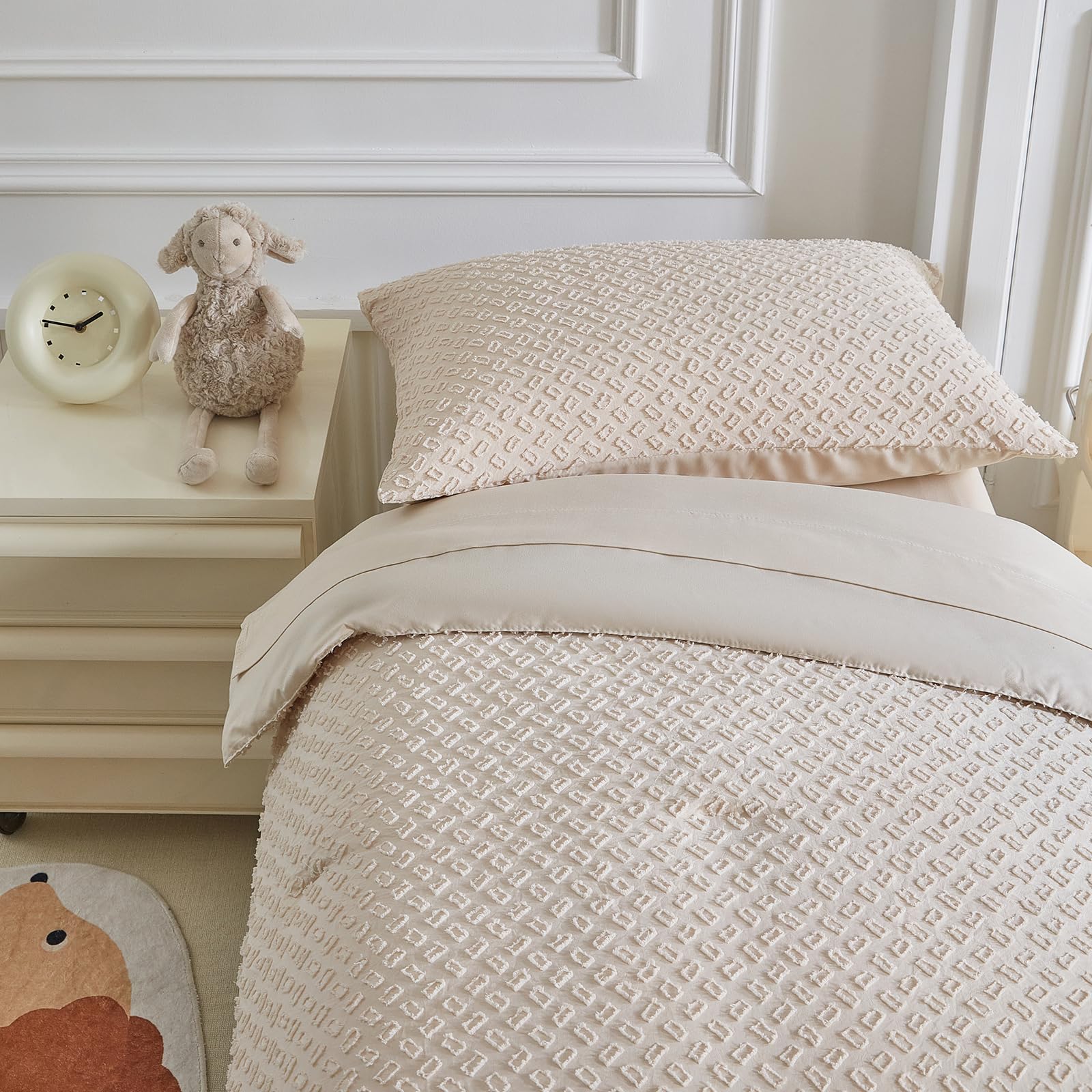Cream Toddler Bedding Set 4 Pieces Tufted Boho Cubes Style - Includes Adorable Quilted Bohemian Comforter, Fitted Sheet, Top Sheet, and Pillow Case for Girls Boys Bed