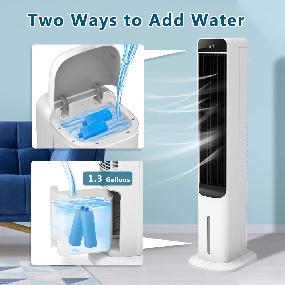LifePlus 2-In-1 Evaporative Air Cooler - 41” Quiet Cooling Tower Fan Humidifier Portable Swamp Cooler with Bladeless Design 2 Ways Add Water 50° Oscillation Remote Control 3 Wind Speeds 12H Timer 4 Ice Boxes for Home & Office