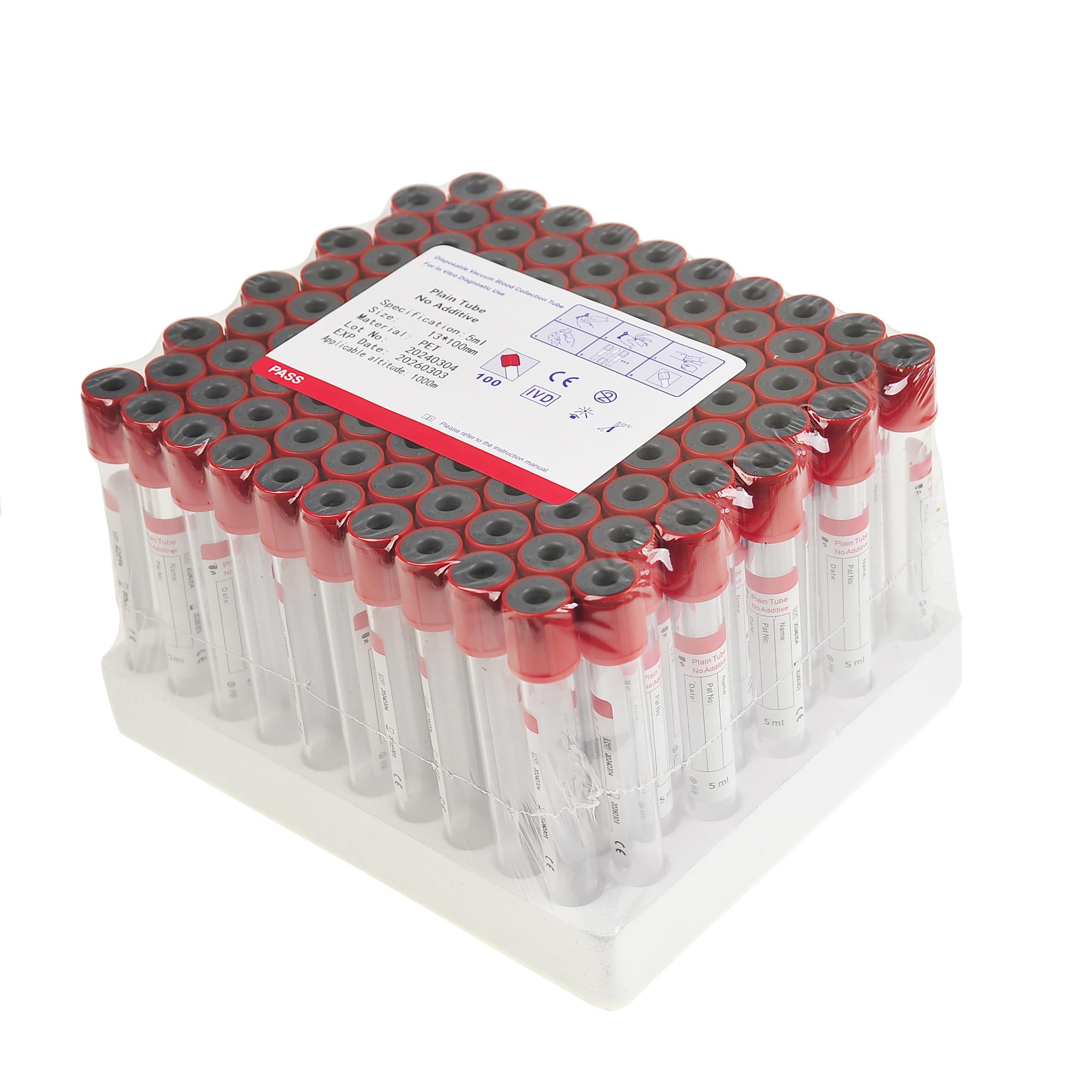 Caphstion Veterinary Lab Vacuum Blood Collection Coagulation Tubes No Additive Tube Blood Collection Tube Pet Supplies, 5ml Red 50pcs