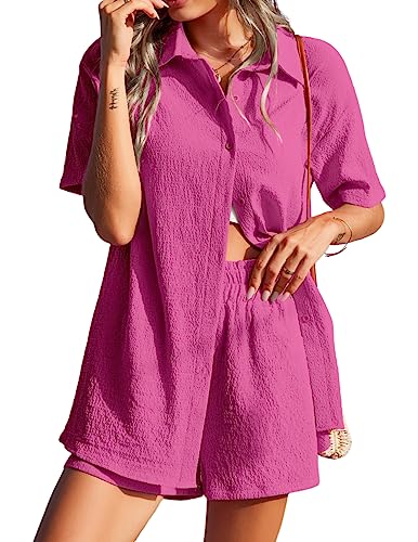 Ekouaer Womens Lounge Sets 2 Piece Outfits Casual Tracksuit Pajamas Set Button Down Shirt and Shorts Pockets Pink S