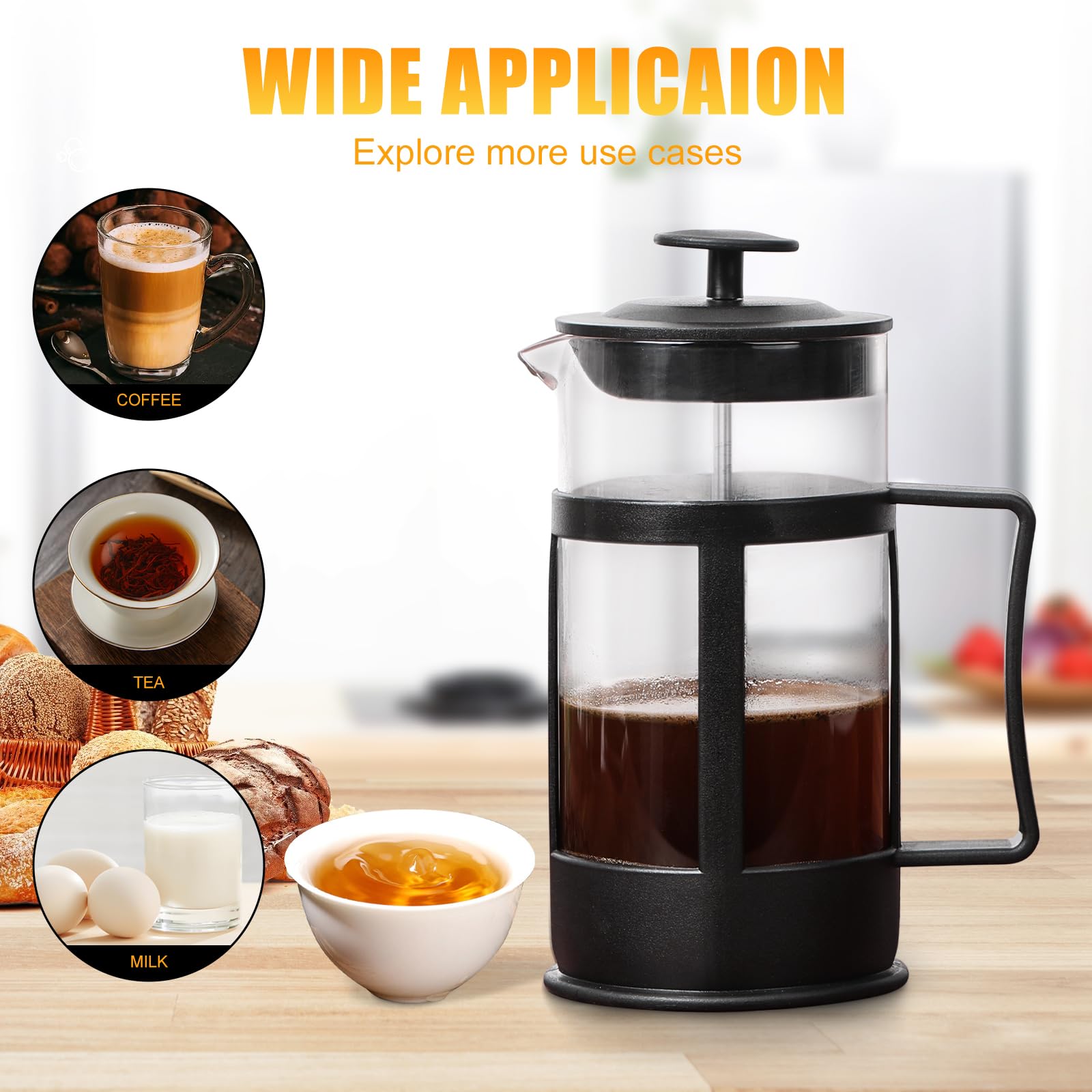 Chiallco Mini French Press Coffee Maker, Heat Resistant Thickened Borosilicate Classic Glass Stainless Steel Coffee Press, 12OZ Heat Cold Brew Coffee Pot Tea Press for Kitchen Travel Camping,Black