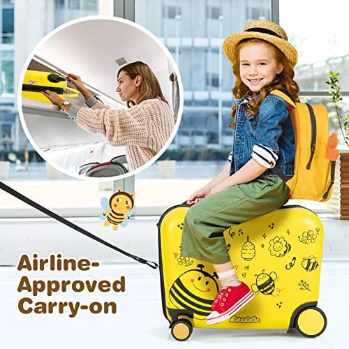 BABY JOY 2PC Kids Luggage Set, 4 in 1 Toddler 18β Ride-on & Carry-on Hardshell Suitcase with Wheels, Anti-Lose Rope, 12β Backpack Set, Lightweight Travel Rolling Trolley for Boys Girls (Cute Bee)