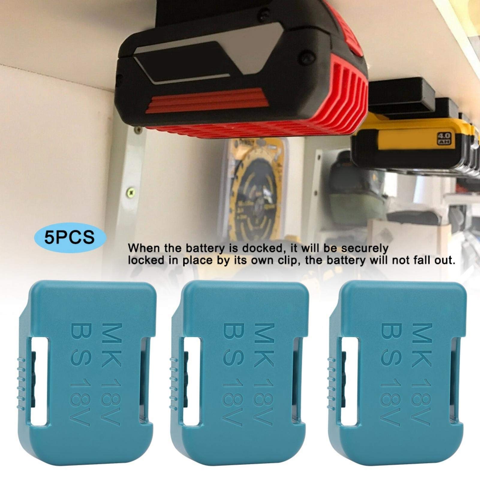Bindpo Battery Rack, 5Pcs Battery Wall Mount Storage Shelf Rack, Battery Holder Compatible for Makita 18V/for Bosch 18V Batteries, Shelf Bracket Belt Slot(Cyan)
