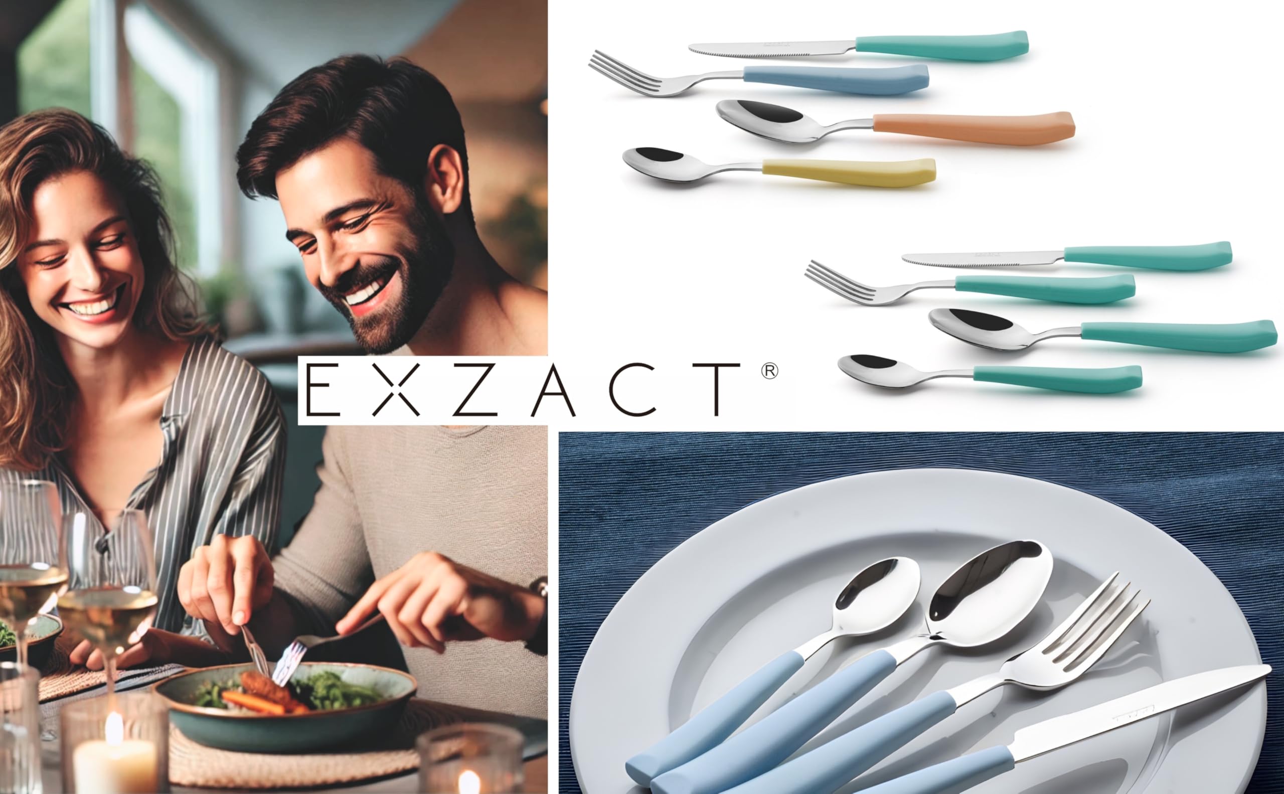 EXZACT Cutlery Set Coloured 16PCS - Stainless Steel with Plastic Wide Handles β Comfortable to Hold - 4 x Forks, 4 x Dinner Knives, 4 x Dinner Spoons, 4 x Teaspoons β Service for 4