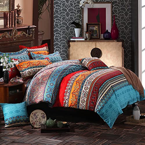 Jingzhang Bohemian Duvet Cover Twin Boho Retro Floral Style Quilt Cover 2Pcs, Colorful Boho Striped Comforter Cover,100% Ultra Microfiber Boho Decor Bedding Set with Zipper Closure and Corner Ties