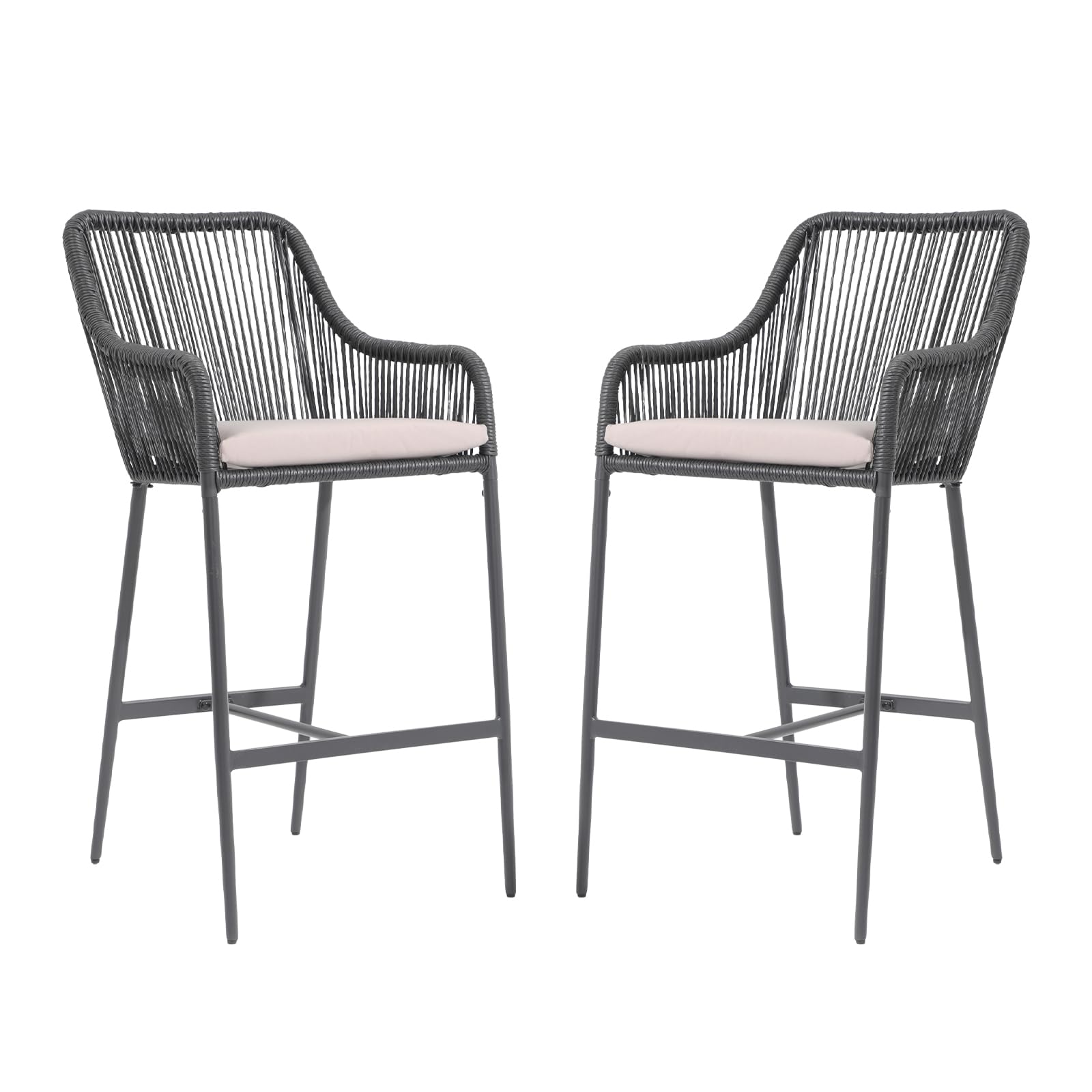 COBANA Outdoor Bar Stools Set of 2, Bar Height Patio Chairs with High Back, Footrest and Armrest, Beige