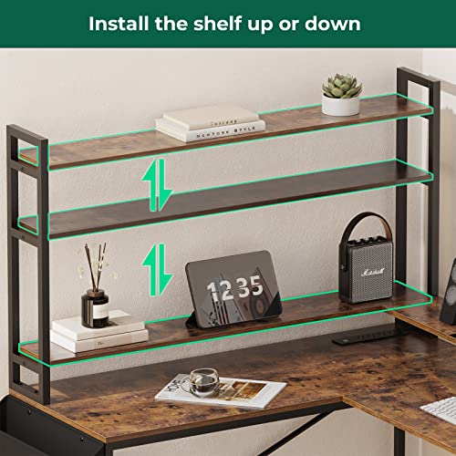 Huuger L Shaped Desk Computer Desk with LED Lights & Power Outlets Nightstand with Charging Station