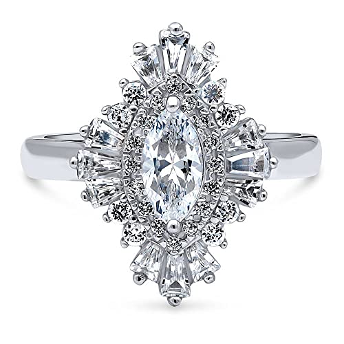 BERRICLE Sterling Silver Halo Wedding Engagement Rings Marquise Cut Cubic Zirconia CZ Statement Cluster Ring for Women, Rhodium Plated Size 7.5