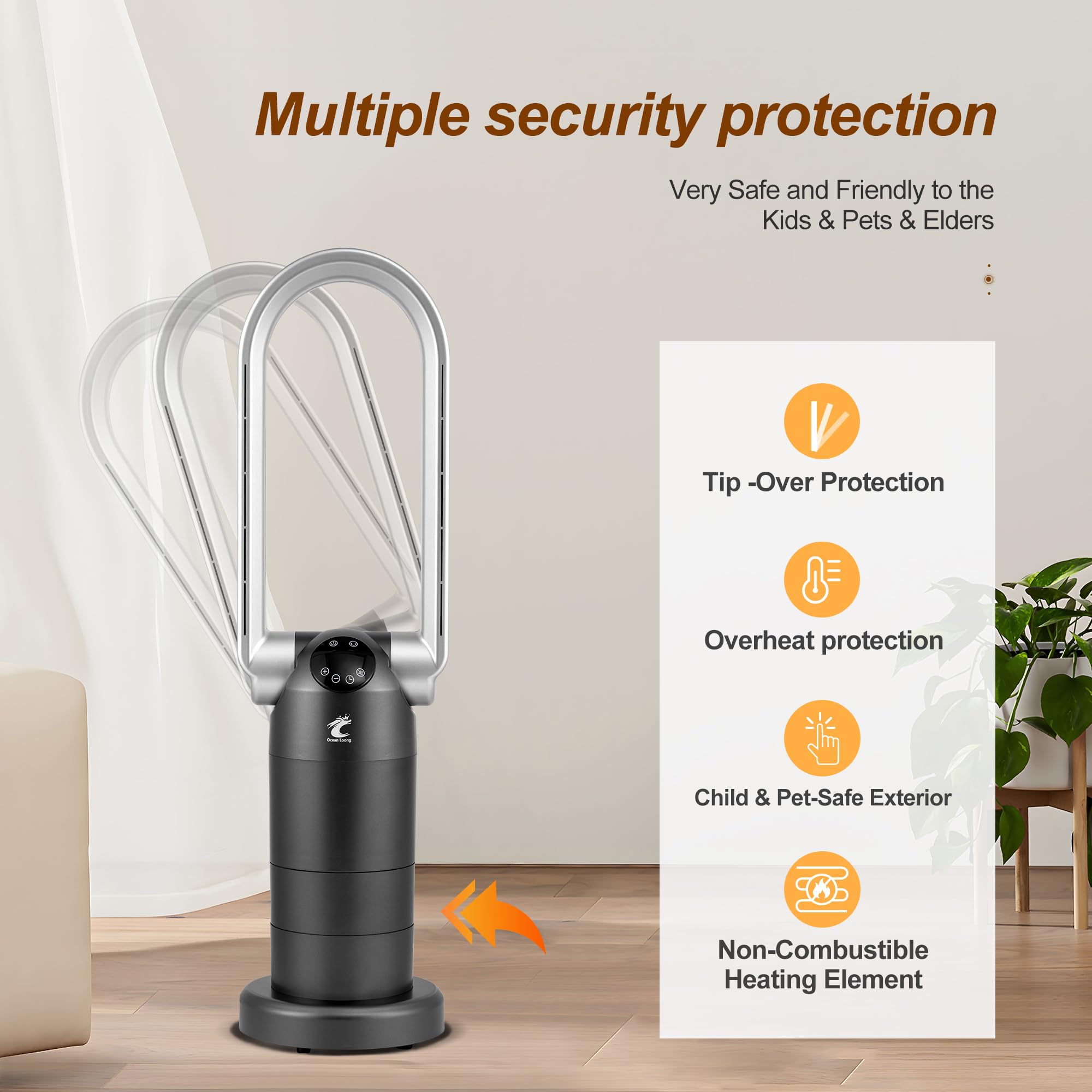OceanLoong Bladeless Fan & Space Heater in One, Tower Fan for Bedroom Home,1500W Electric Heater with Adjustable Thermostat, Tip-Over Switch, Remote, Timer, Oscillating Table Fan, 29inch (Grey)